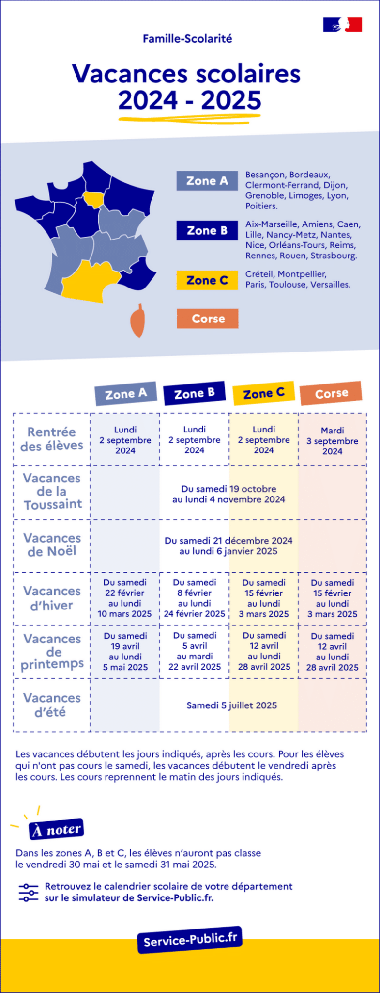 Vacances scolaires 2024-2025 : calendrier officiel par zone et jours fériés
